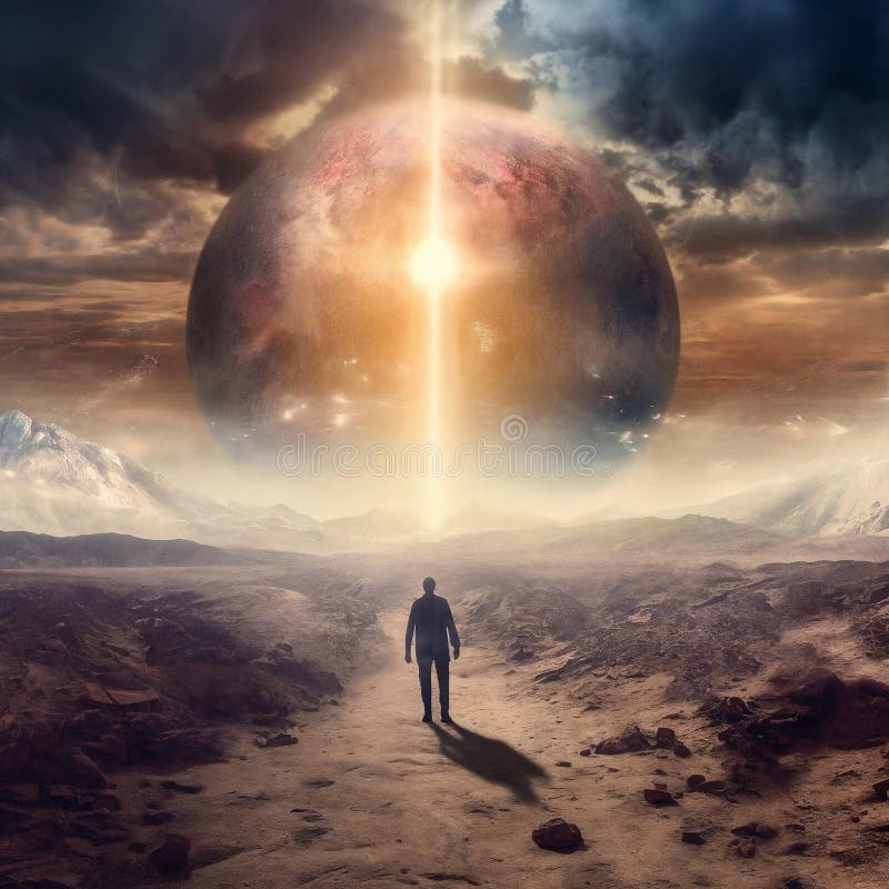 Man Exploring Fantasy Planet, Night Sky on Background. AI Generative ...
