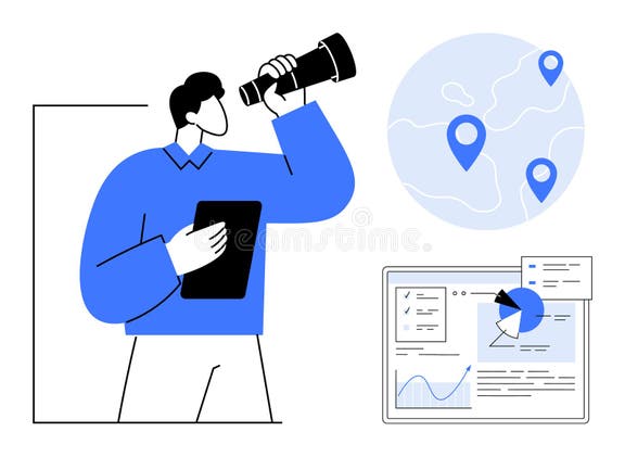 Man Exploring Global Navigation with Telescope, Tablet, Map, and Data ...
