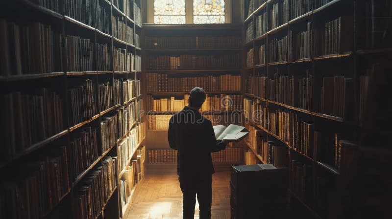 Man Exploring Knowledge in a Vintage Library, Concept of Research ...