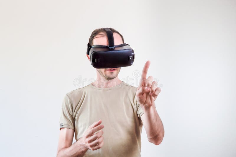 Man Exploring Modern Technology Virtual Reality with Head Mounted ... Man Exploring Modern Technology Virtual Reality with Head Mounted ...