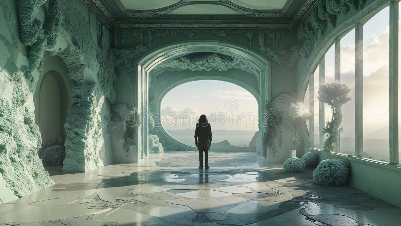 Man Exploring Overgrown Abandoned Palace Interior 3d Render Stock ...