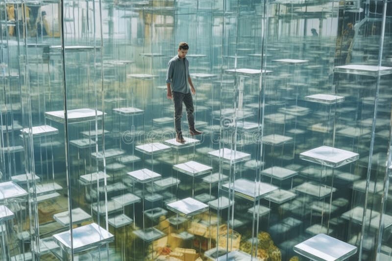 Man Exploring a Surreal Museum of Floating White Frames at Art Museum ...