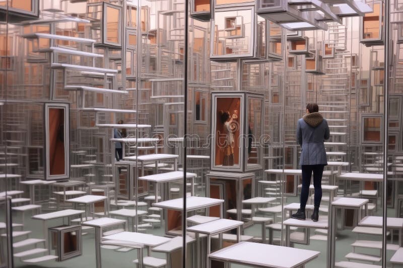 Man Exploring a Surreal Museum of Floating White Frames at Art Museum ...