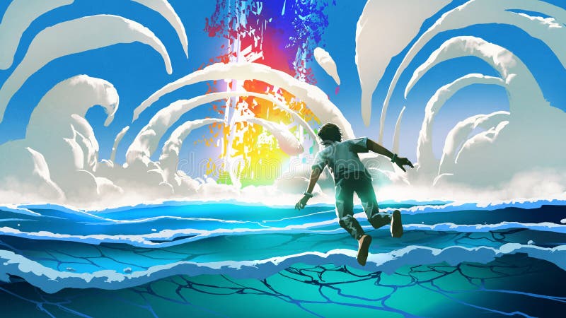 Man Exploring Surreal Rainbow Portal Stock Illustration - Illustration ...