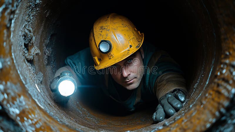 Man Exploring Underground Tunnel with Flashlight and Hard Hat at Night ...