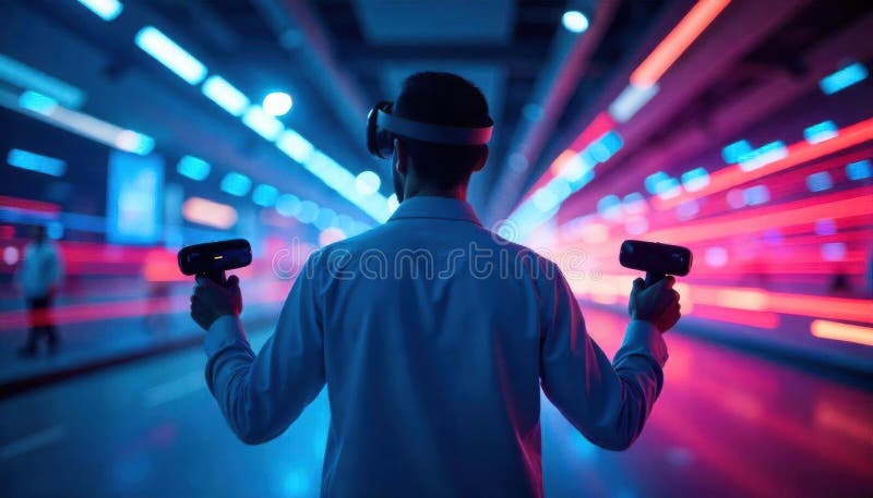 Man Exploring Virtual Reality Tunnel with Controllers Stock ...