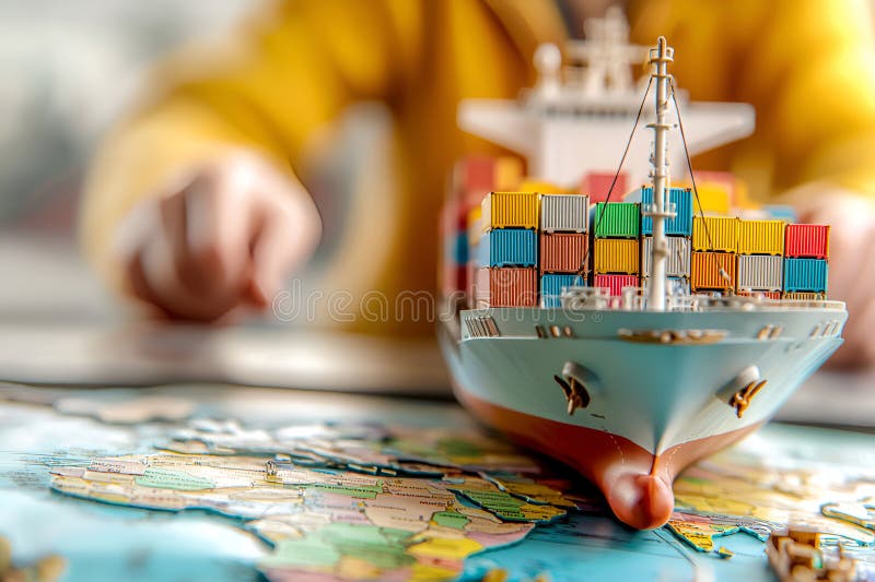 Man Exploring World Map with Cargo Ship Model, Focusing on Global Trade ...