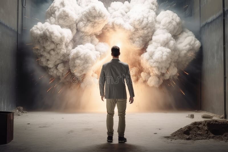 Man and Big Explosion. Generative AI Stock Illustration - Illustration ...