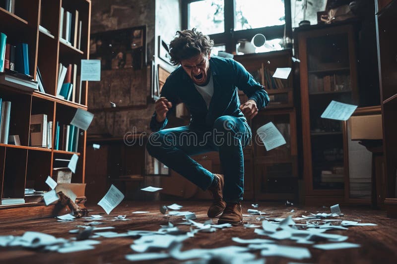 A Man Expresses Intense Frustration while Papers Fly Around Him in a ...