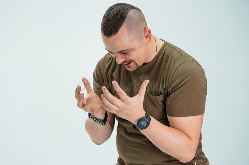 Man Expressing Emotion with Hands Raised Stock Image - Image of casual ...