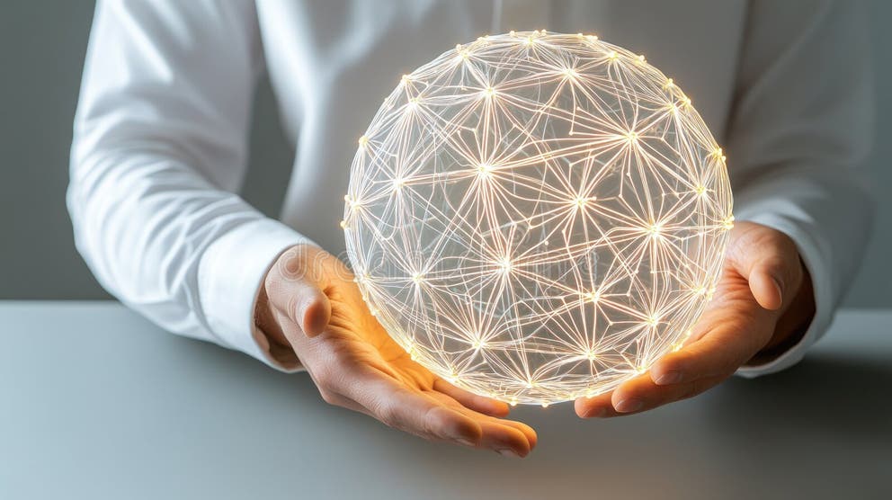 A Man Extends His Hands Forward, Displaying a Digital Sphere Made of ...