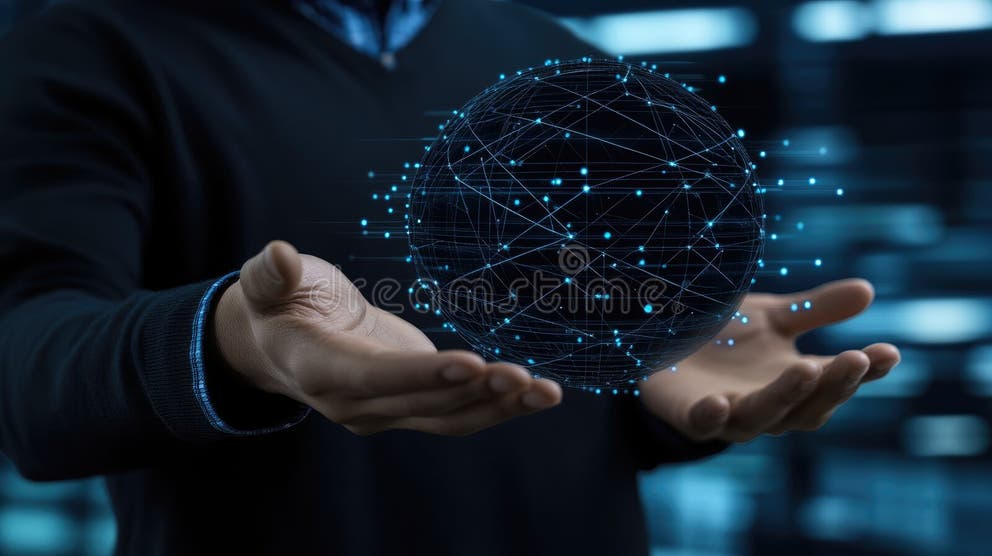 A Man Extends His Hands Forward, Displaying a Digital Sphere Made of ...