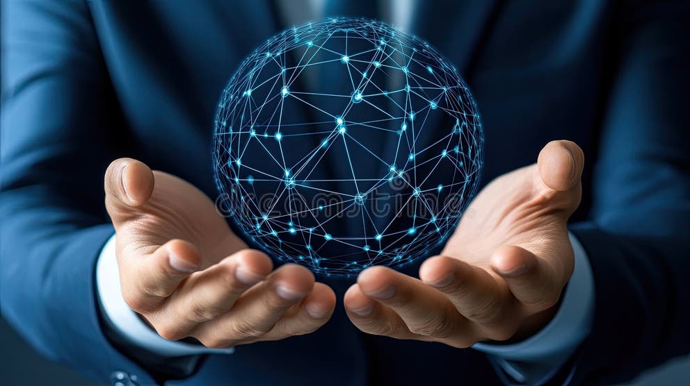 A Man Extends His Hands Forward, Displaying a Digital Sphere Made of ...