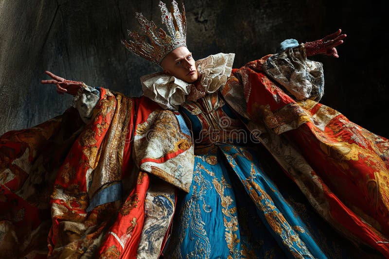 A Man in Extravagant Royal Robes Striking a Dramatic Pose in a Regal ...