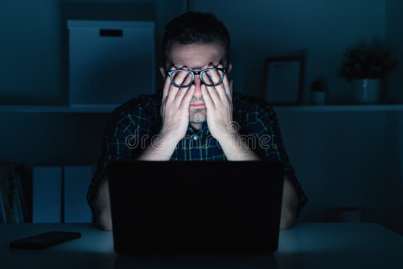 Man with Eye Strain Computer Problem at Night Stock Photo - Image of ...