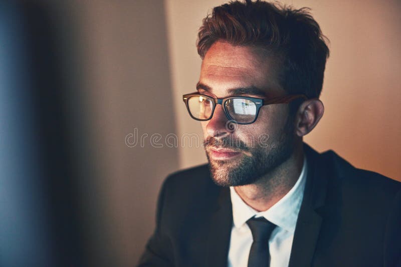 Man, Eyewear and Reflection of Computer at Night in Office ...