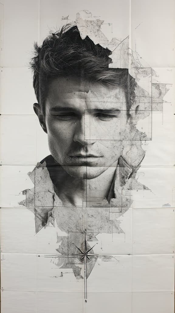 Man Face Blends with Maps and Compass, Symbolizing Direction and ...