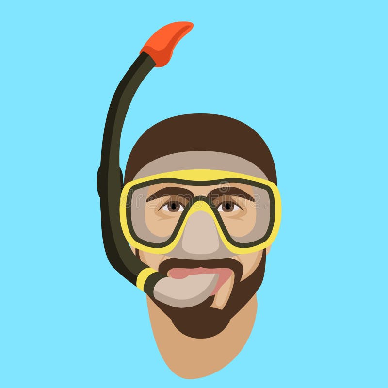 Man Face in Diving Mask and Snorkel Flat Style Front Stock Vector ...