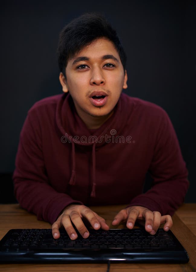Man Face And Keyboard For Coding Programmer And Information Technology With Video Game Or