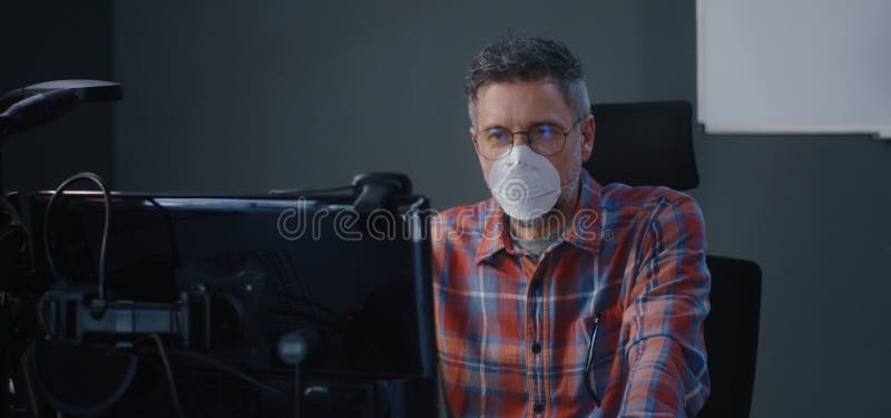 Man in Face Mask Having Video Call Stock Image - Image of monitor ...