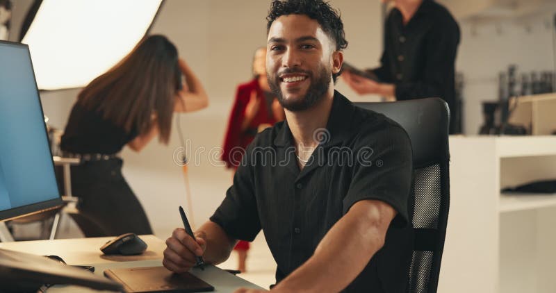 Man, Face and Photography Editor in Studio for Checking Image Design ...