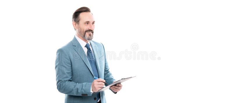 Man Face Portrait, Banner with Copy Space. Happy Man Making Notes or ...