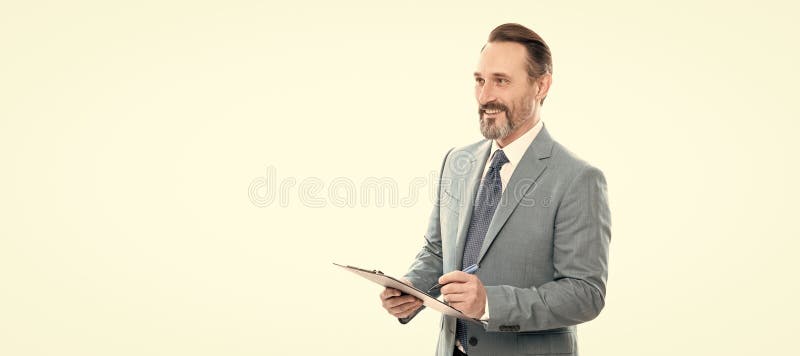 Man Face Portrait, Banner with Copy Space. Happy Man Making Notes or ...