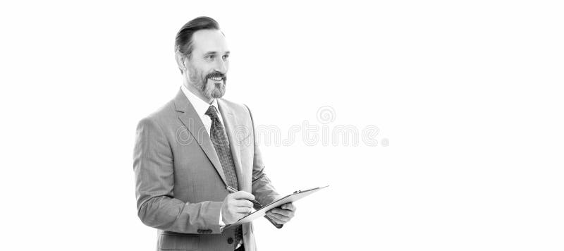 Man Face Portrait, Banner with Copy Space. Happy Man Making Notes or ...