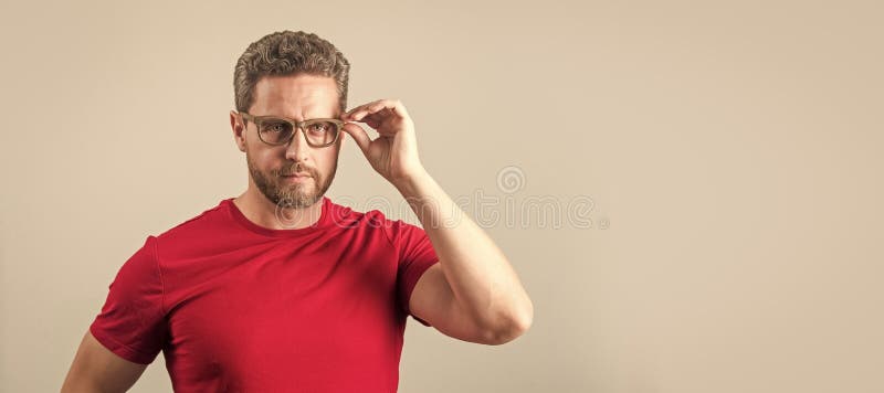 Man Face Portrait Banner With Copy Space Mature Man Look Smart In Glasses Copy Space Vision