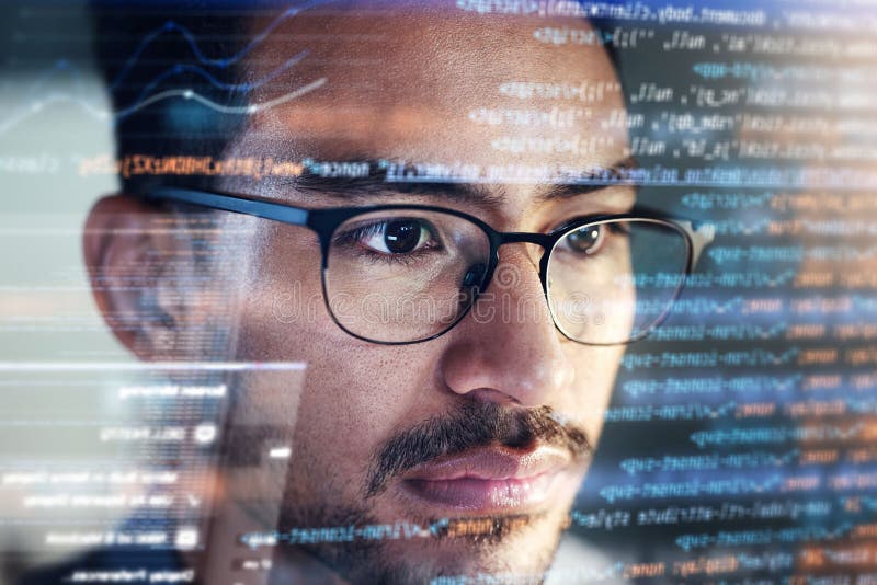 Man Face And Programmer Coding At Night With Overlay Or Dashboard Of