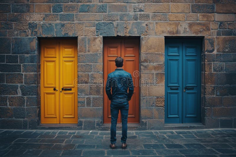 A Man is Faced with Three Doors and is Choosing the Correct One Stock ...