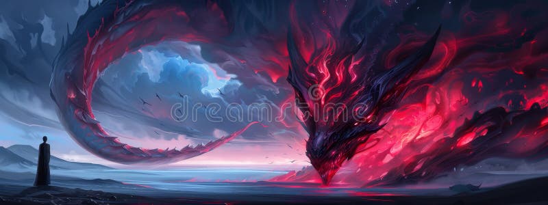 A Man Faces a Colossal Red Dragon in a Desert Setting, Against a ...