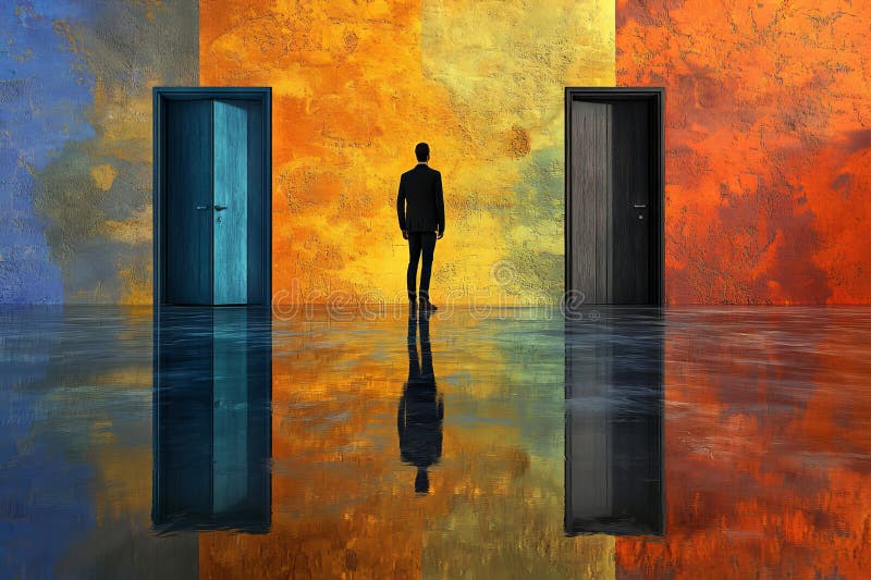 A Man Faces Three Doors, Picking the Right One, Deciding. Stock Image ...
