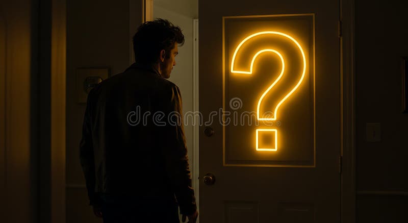 Man Faces Uncertain Future, Illuminated Question Mark on Door Stock ...