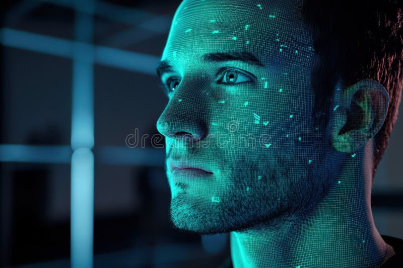 Technology Projection Shows Facial Patterns on Man in a Dark ...