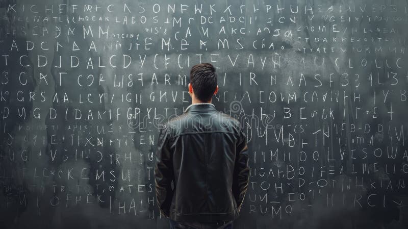Man Facing a Blackboard Filled with Cryptic Letters Stock Image - Image ...