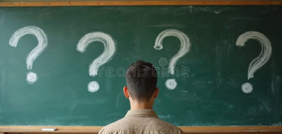 Man Facing Chalkboard with Four Question Marks. Question Marks Drawn ...