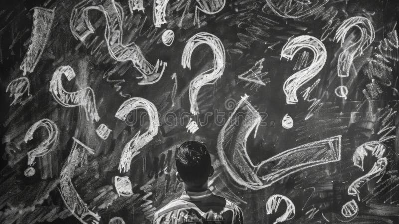Man Facing Chalkboard Full of Question Marks Stock Illustration ...