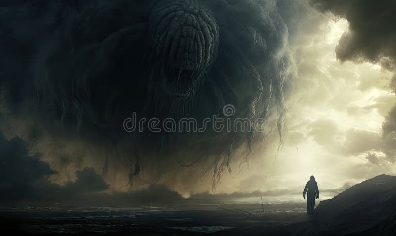 A Man Facing a Colossal Creature in a Dramatic Encounter Stock ...