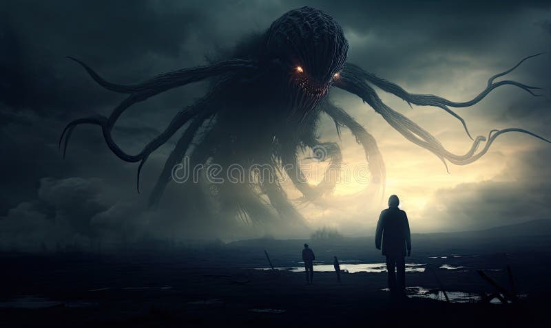 A Man Facing a Colossal Octopus in a Thrilling Encounter Stock ...