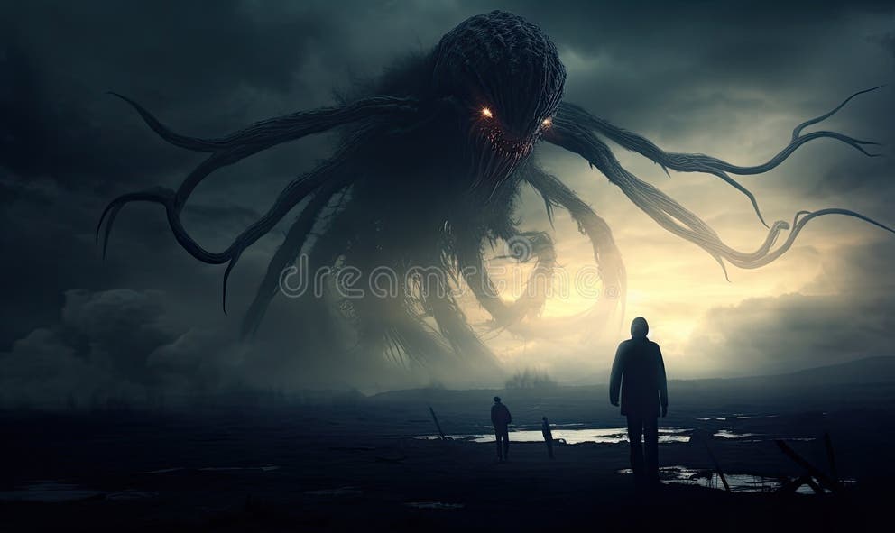 A Man Facing a Colossal Octopus in a Thrilling Encounter Stock ...