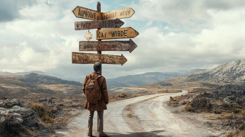 Man Facing Crossroad Choosing Right Path, Embracing Uncertainty and ... Man Facing Crossroad Choosing Right Path, Embracing Uncertainty and ...