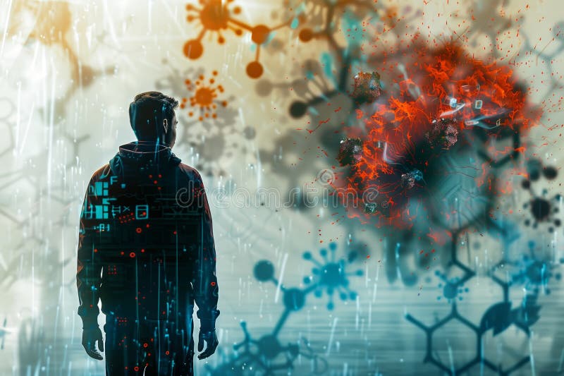 Man Facing a Digital Virus Explosion Stock Photo - Image of futuristic ...
