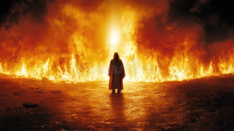 Man Facing Intense Wall of Fire in Apocalyptic Scene. Moses Encounter ...
