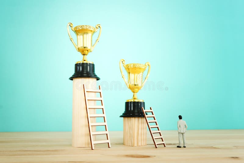 Man Facing a Ladder and Trophy on Top. Concept of Challenge and Reward ...
