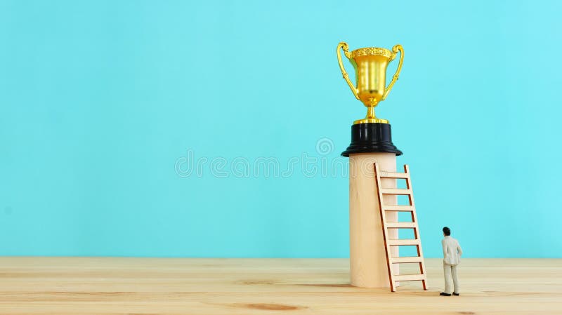 Man Facing a Ladder and Trophy on Top. Concept of Challenge and Reward ...