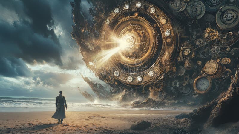 Man Facing Massive Steampunk Clock on a Desolate Beach Stock Image ...