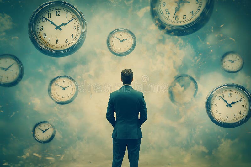 Man Facing Multiple Clocks, Concept of Time and Decision-making Stock ...