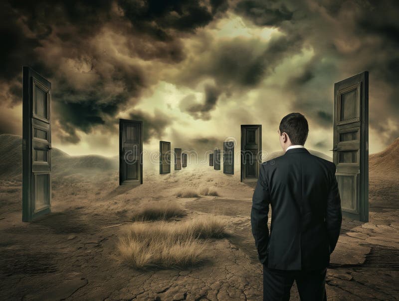 Man Facing Multiple Doors in Desert Stock Image - Image of ...
