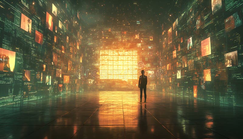 Man Facing a Wall of Glowing Images Representing Big Data. Concept of ...